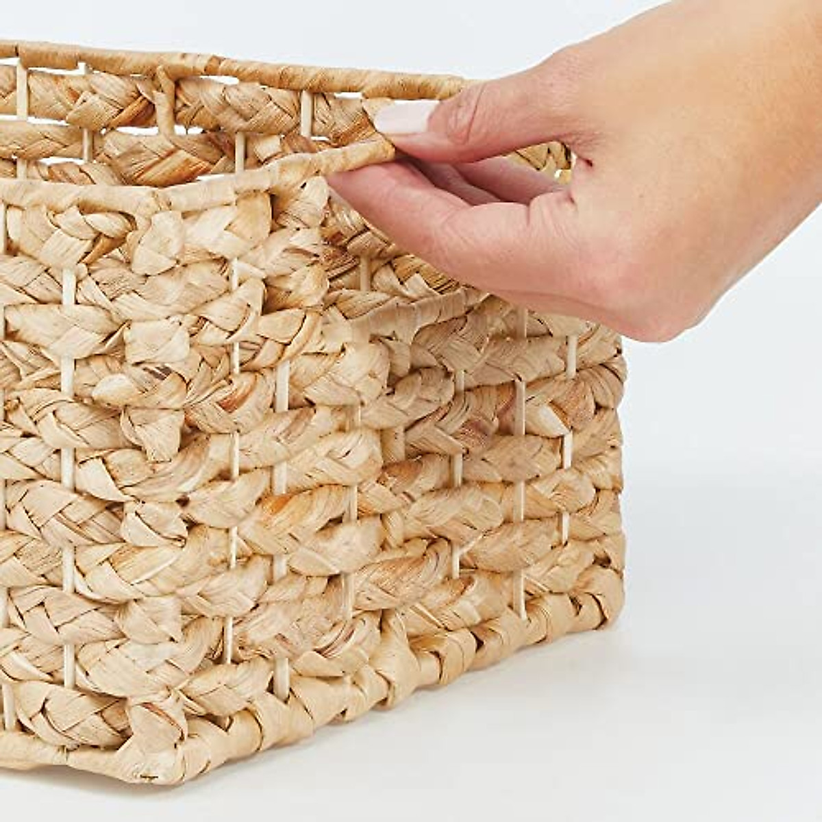mDesign Hyacinth Braided Woven Kitchen Basket Bin with Built-in Handles for Organizing Kitchen Pantry, Cabinet, Cupboard, Countertop, Shelves - Holds Food, Drinks, Snacks, 3 Pack - Natural/Tan