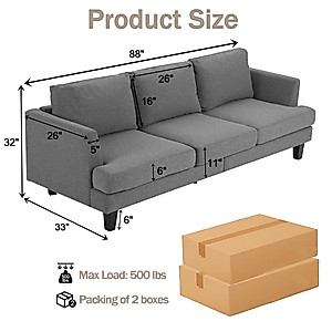 CATMIX 3 Seater Sofa Couch, Mid Century Modern Upholstered Sofa, Comfy Couches with Deep Seats Fabric Surface Square Armrest and Wood Legs for Living Room and Apartment (Grey, 89inch-3 Seats)