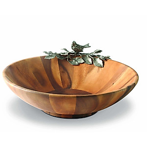 Vagabond House Acacia Wood Large Salad Serving Bowl with Pewter Song Bird 16 inch Diameter x 6 inch Tall