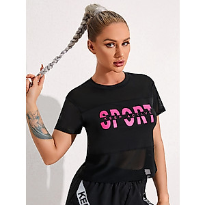 MakeMeChic Women's Workout Athletic Shirts Letter Graphic Mesh Insert Short Sleeve Crew Neck Stretch Sports Crop Tops Black M