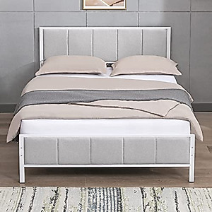 Mjkone California King Size Bed Frame, Linen Upholstered Platform Bed Bedroom, Bed Frame with Channel Tufted Headboard, No Box Spring Needed Light Gray