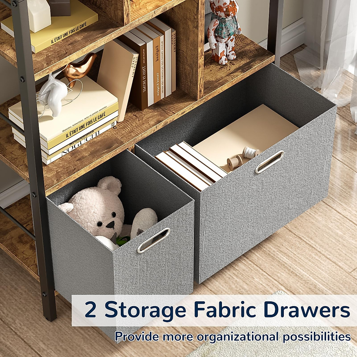 74 Inch Tall Bookshelf, 6 Tier Bookcase with Drawers, Modern Book Shelf Display Standing Shelf Units with Storage, Wood and Metal Bookshelves for Living Room, Bedroom, Home Office, Rustic Brown