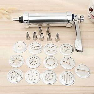 9.8x5.9in Cookie Press Maker Aluminium Alloy Cookies Biscuits Press Maker Mold Kit with 7 Piping Nozzle,13Cookies Mold,Cream Laminator Pastry Piping DIY Laminating Gun for Making Cake Decorating