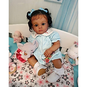 KOKOMANDY Reborn Baby Dolls Black Girl 24 Inch Dark Brown Soft Silicone Realistic Toddler Baby Dolls Weighted Cloth Body Biracial African American Newborn Baby Doll Handmade Toy for Kids