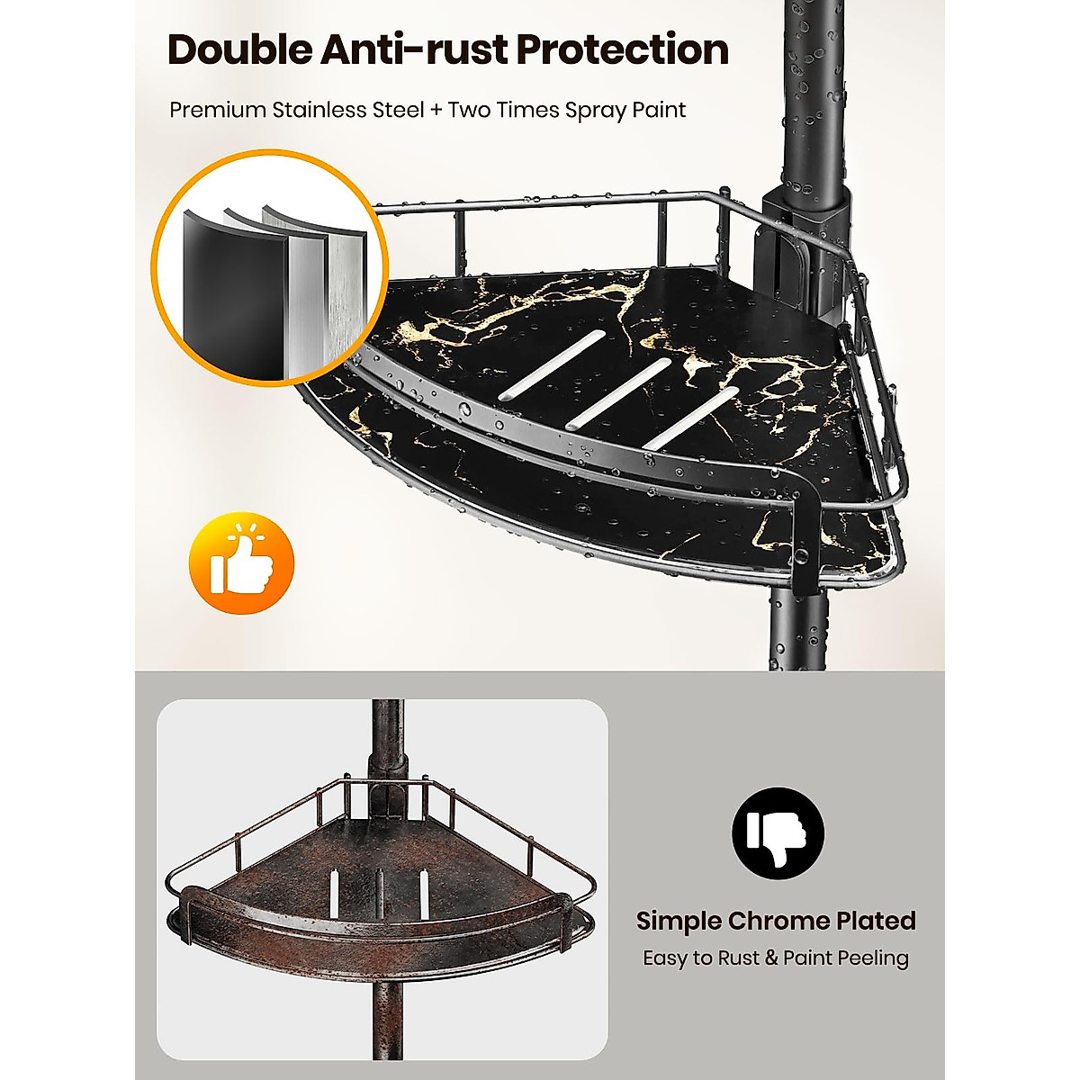 ENRUNEST Corner Shower Caddy Tension Pole for Bathroom Organizer,Tension Shower Caddy Corner,4 Tier Rustproof Larger Capacity Shelves,Adjustable 31.5 to 111.4 Inch,Black