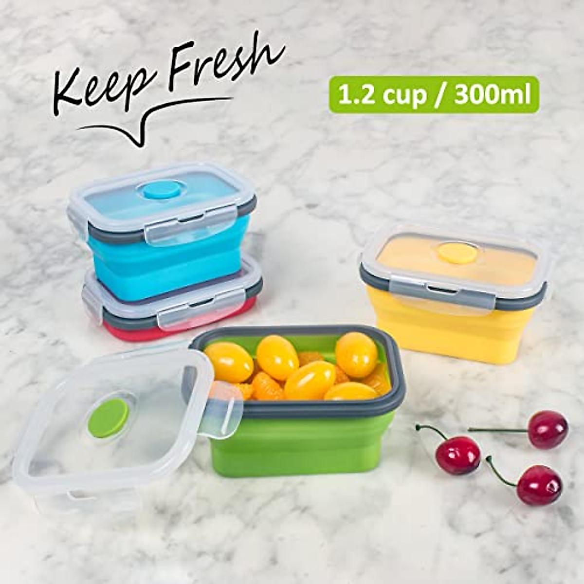 Collapsible Food Storage Containers with Airtight Lid, 11.8 oz, Small Kitchen Stacking Silicone Collapsible Meal Prep Container Set for Leftover, Microwave Freezer Dishwasher Safe, 4 Colors, Set of 4