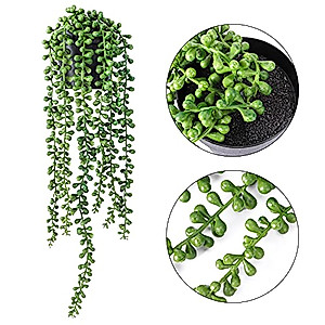 FUNARTY 2pcs Faux Plants Indoor — Artificial String of Pearls Plant in Black Pots, Realistic Green Fake Hanging Plants for Shelf Decor Desk Home Garden Decorations