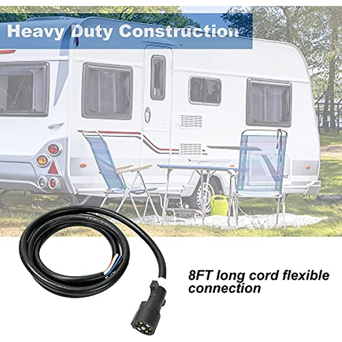 TYFYB 8 Feet 7-Way Plug Inline Trailer Cord with Double Prongs Connector for RV Truck Camper Trailer Extension Cord 7 Pin Inline Harness Kit Weatherproof