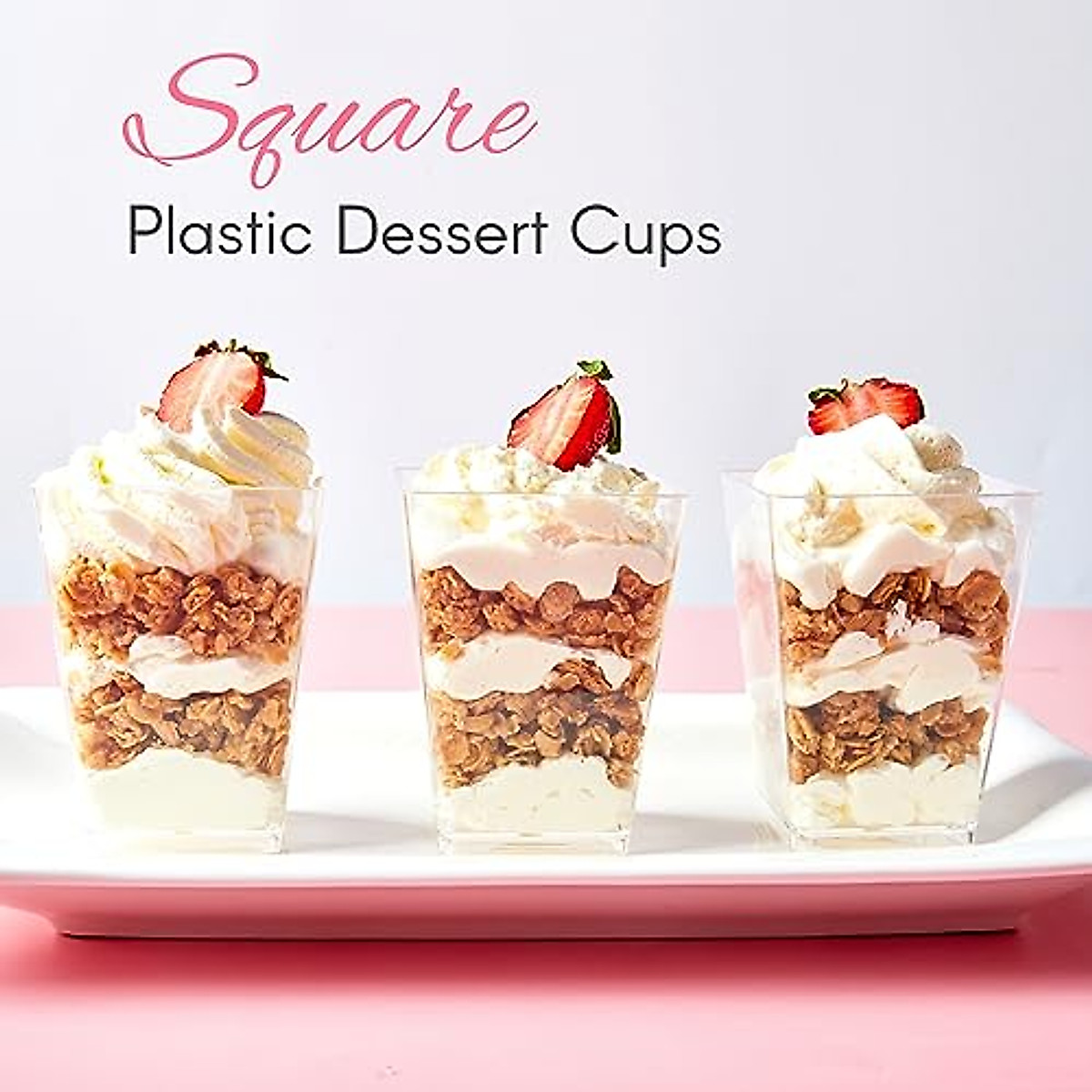 50 Pack 5 oz Square Dessert Cups with Spoons - Mini Parfait Cups, Appetizer Cups, Clear Plastic Party Dessert Cups for Serving Fruit Trifle Mousse and Pudding