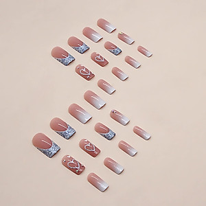SINSEN Square Press on Nails Medium Length - French Tip Press on Nails Heart Deign, Glossy Pink Fake Nails with Adhesive Glue Stickers, Reusable Stick on Nails in 12 Sizes, 24 Pcs Medium French Nails