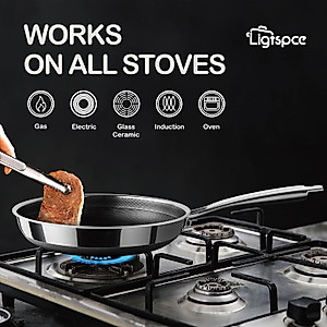 LIGTSPCE Non Stick Frying Pans,Hybrid 10 inch Frying Pans Nonstick with Lid,PFOA Free Cookware,non stick Stainless Steel Skillets,Dishwasher and Oven Safe, Works on Induction,Ceramic and Gas Cooktops