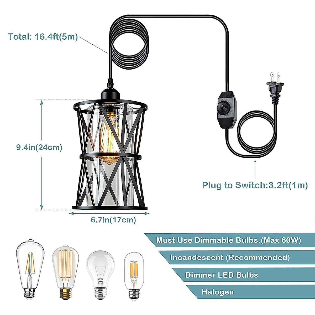 HMVPL Farmhouse Plug in Pendant Light, Outdoor Swag Lamp with Plug in Cord On/Off Dimmer, Plug in Hanging Light Fixture for Dining Room Bedroom Kitchen Island(1 Pack)