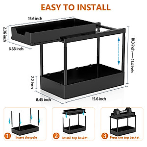 2 Pack Under Sink Organizers and Storage - 2 Tier Large Capacity Bathroom Organizer Under Sink with 4 Hooks,Upgrade Multipurpose Top Sliding Basket Cabinet Organizer for Kitchen Bathroom, Black