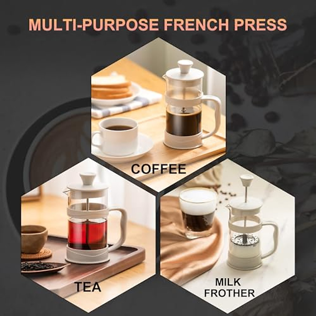 PARACITY French Press Coffee/Tea Maker, Camping Mini Coffee/Tea Press of 304 Stainless Steel Filter and Heat Resistant Glass, Cold Brew Coffee Maker 11.8OZ for Travel& Home Gift(White)