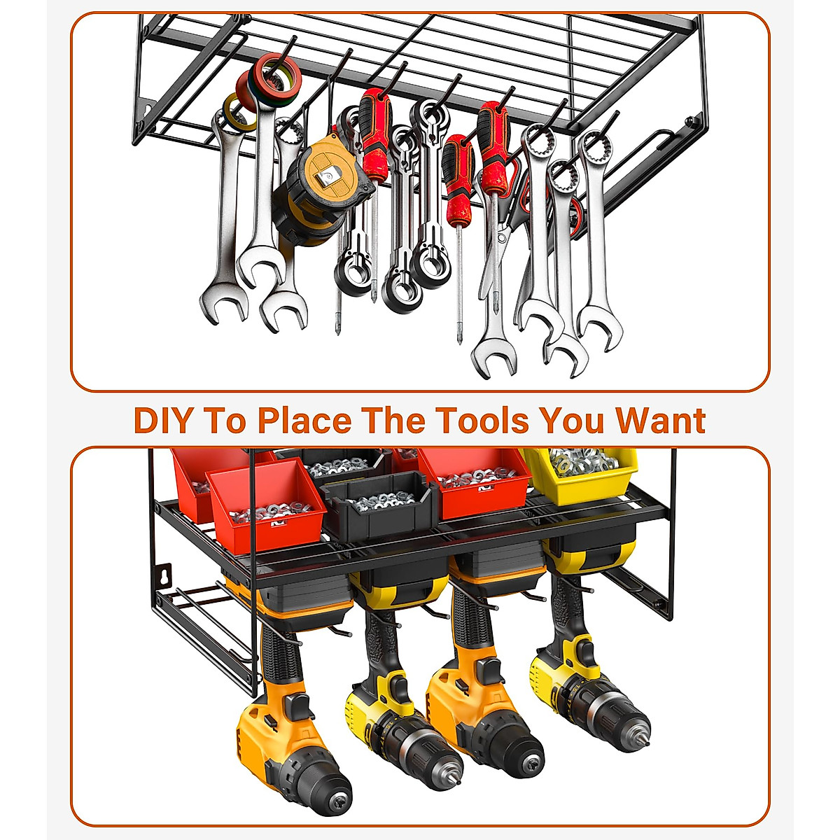 JUNNUJ Power Tool Organizer with 10 Outlet Power Strip, 3 Layer Wall Mount Drill Holder with Charging Station, 4 Drills Storage Shelf Shop Garage Utility Rack, Black