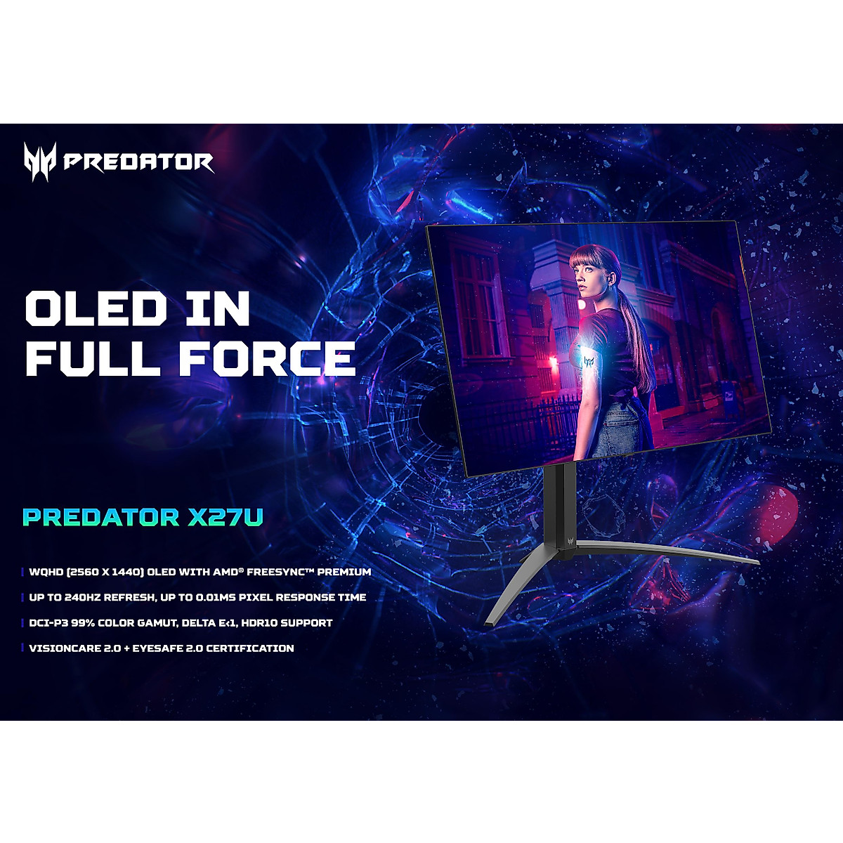 Acer Predator X27U | 27" WQHD 2560 x 1440 OLED Gaming Monitor | AMD FreeSync Premium | Up to 240Hz | Up to 0.01ms | 1000nits@HDR 3% | DCI-P3 99% | Delta E<1 | USB Type-C, DP 1.4 & 2 x HDMI 2.0