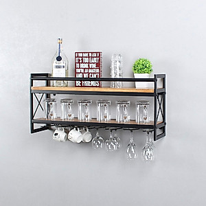 OISSIO Industrial Stemware Rack,Wine Rack Wall Mounted with Wood Shelves,2 Tier Stemware Storage with 7 Stem Glass Holder for Wine Glasses,Mugs,Home Decor,Black(30 inch)