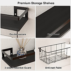 Richer House Floating Shelves with Wire Basket, Rustic Wall Shelves with Removable Towel Bar, Black Bathroom Shelves for Wall Decor, Kitchen, Living Room, Bedroom