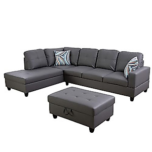 NOTOP 3-Piece Faux Leather L-Shaped Sectional Sofas, Button Tufted Upholstered Couch Set with Left Chaise Longue and Storage Ottoman, for Living Room, Home, Office, Dark Grey