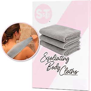 S&T INC. Back Scrubber for Shower, Exfoliating Body Scrubber or Bath Exfoliating Towel for Skin Care, 11.8 Inches x 35.4 Inches, Grey, 3 Pack