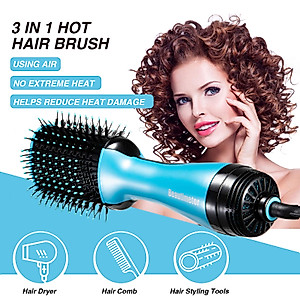 Beautimeter Hot Air Brush, 3 in 1 Hair Dryer Brush for Styling and Frizz Control, Negative Ionic Blow Hair Dryer and Volumizer, Turquoise Blue