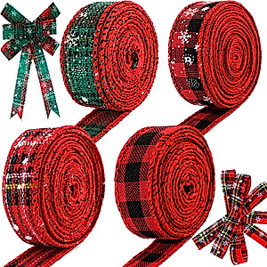 Christmas Ribbon, Ribbon for Christmas Tree, Snowflake Christmas Plaid Ribbon, Christmas Crafts, Home Wrapping Craft Decoration, Ribbons for Crafts, 24 Yards in Total, 6 Yards Each Roll, 1 Inch Width