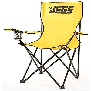 JEGS Folding Chair | Yellow Canvas with Black Logo | Black Powder Coated Frame | Capacity 250 LBS | Total Height 36” | Includes Mesh Cup Holder and Storage Bag with Strap