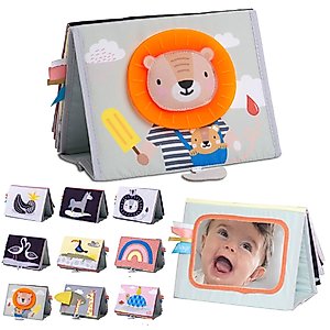 Taf Toys Savannah Infant Tummy-time Soft Crinkle Activity Book with Huge Baby Safe Mirror, 3D Activities, Textures and a Soft Baby Teether