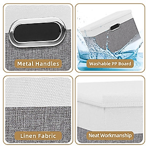 Yawinhe Storage Bins with Lids, Decorative Storage Boxes Comes with 2 Metal Handles, Waterproof Storage Basket Bins, Closet Storage Containers, Gray, 15''Lx9.8''Wx9.8''H, 5-Pack