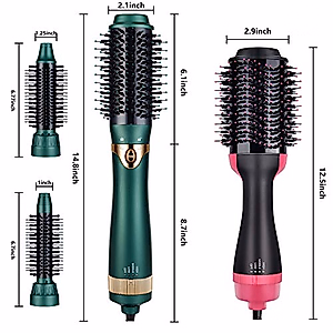 Hot Air Brush, Hair Dryer Brush, 3 in 1 Interchangerable Hair Dryer & Volumizer, Ceramic Negative Ion Curling Dryer Styler Brush with 3 Brush Heads (Green)