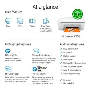 HP DeskJet 2752B Wireless All-in-One Color Inkjet Printer for Home Office, White - Print Scan Copy - Icon LCD Display, 4800 x 1200 dpi, WiFi, Bluetooth, Hi-Speed USB, Instant Ink Ready