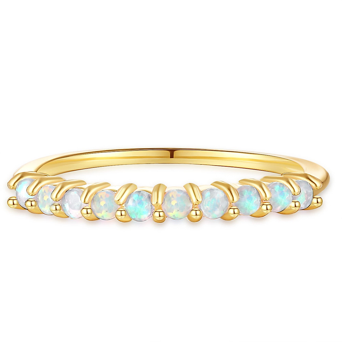 espere White Opal Half Eternity Band Wedding Ring | 18K Gold Plated Sterling Silver Dainty Linear Opal Stacking Bands | Minimalist October Birthstone Jewelry Gift for Her [Size 5]