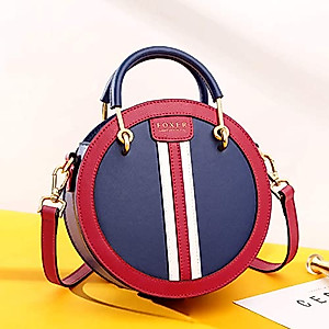 Leather Circular Cross body Handbags for Women, Genuine Leather Ladies Round Crossbody Bags with Adjustable Strap Small Womens Fashion Shoulder Bags Mini Girls Cowhide Messenger Purses(Blue)