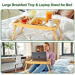 Bellsal Large Bamboo Bed Tray Table, Large Breakfast Tray - 19.7x13 Inch with Adjustable Legs, Multipurpose Serving Tray Use As Portable Laptop Tray, Snack Tray, Platter Tray for Working, Eating