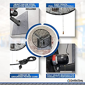 Comfort Zone CZVHW30 30” 2-Speed High Velocity Industrial Wall Fan, All-Metal Construction, Adjustable Tilt, Steel Mounting Bracket with Adjustable Angle, Aluminum Blades, Black