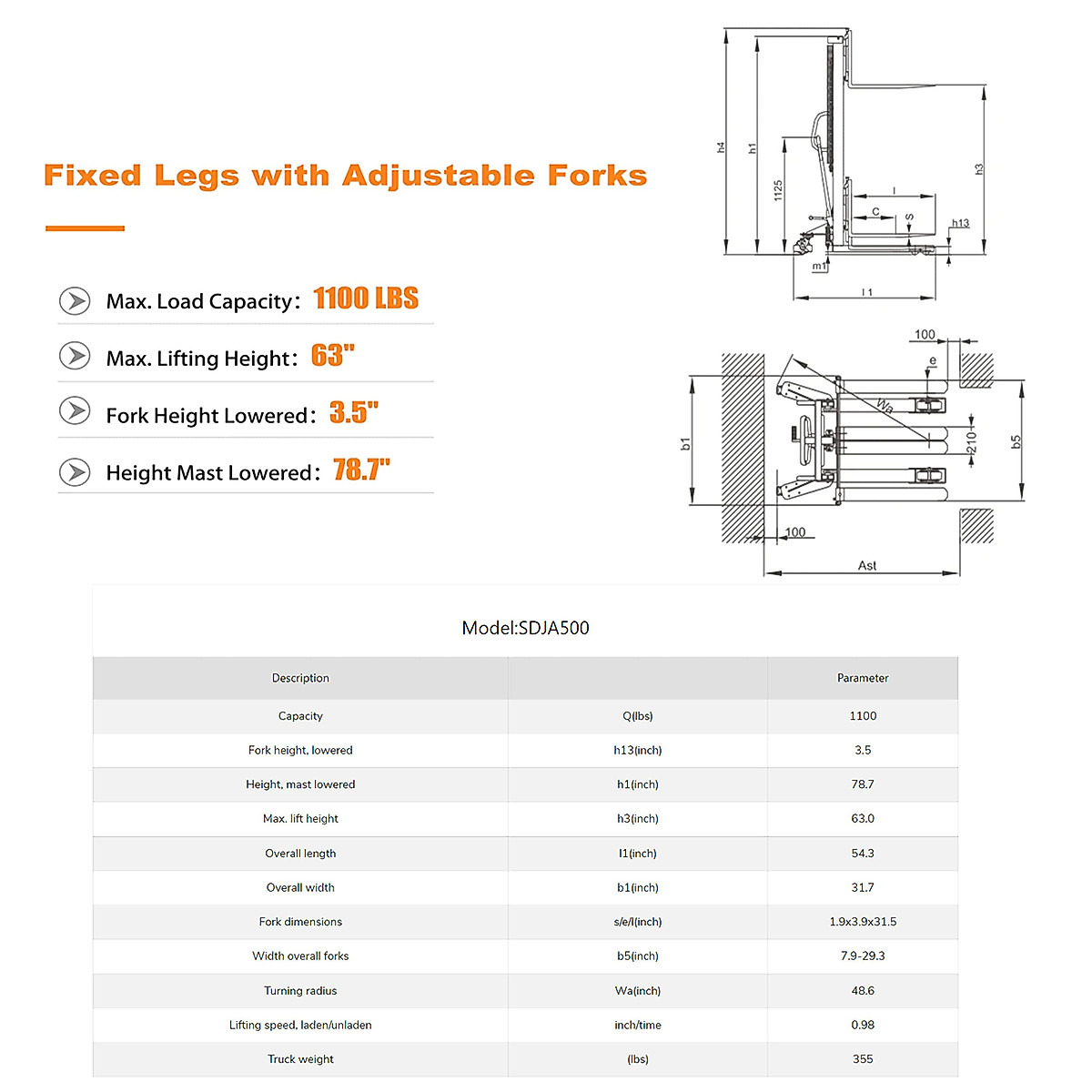 DMC-FPPS 1100lbs Capacity Manual Pallet Stacker, 63" Hydraulic Lift Height, 7.9"-29.3" Width Adjustable Forks, Hand Pallet Truck Forklift