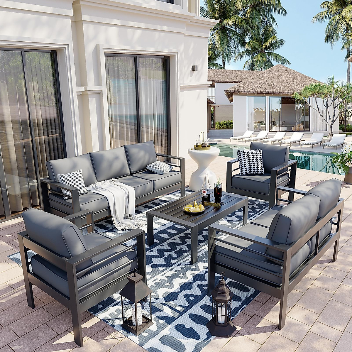 UDPATIO Oversized Aluminum Patio Furniture Set, Modern Metal Outdoor Patio Conversation Sets, Patio Sectional Sofa Set w/ 5 Inch Cushion Coffee Table for Poolside, Deck (Include 4 Sofa Covers)