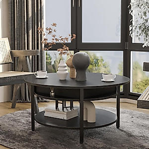 FABATO Round Lift Top Coffee Table with Storage and Hidden Compartment, 26.77'' Farmhouse Coffee Table for Living Room Reception Room, 2 Tier Small Round Coffee Table Circle Dining Table, Black