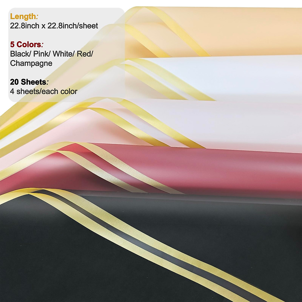 Unarty 20 Sheets 5 Colors Flower Wrapping Paper, Waterproof Bouquet Wrapping Paper with Gold Edge, Floral Wrapping Paper 22.8 x 22.8 Inch, Black, Pink, White, Red, Champagne Colors