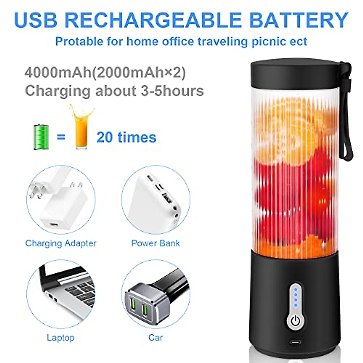 Portable Personal Size Blender - 15.2Oz USB Rechargeable 4000mAh Mini Blender | 6 Blades For Shakes and Smoothies Juicer with BPA-Free Plastic Cup | Portable Mixer For Sport Outdoor Travel Blender