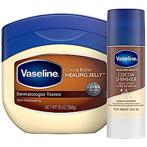 Vaseline Rich Moisturizing Healing Jelly Cocoa Butter, 13 oz Bundled with Cocoa Shimmer Stick, 1.4 oz. Provides Radiant and Shimmering Moisturized Skin with Pleasant Scent