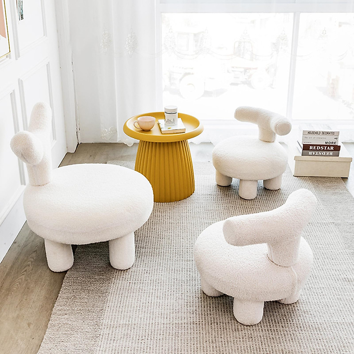 Lamb Wool Accent Chairs, Modern Solid Wood Frame Upholstered Chair with Backrest,Comfy Ergonomic Chair for Living Room Bedroom Home Office (M, White-C)