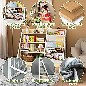 Yeyawomy Kids Book Shelf,4 Tier Wooden Bookshelf,5 Layer Sling Children Bookcase,Toy Organizer Cabinet Chest,Book Display Shelf with Metal Frame, Nursery Playroom Classroom Library (Natural)