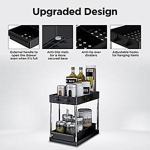 2-Tier Undersink Organizer, Cabinet Storage for Kitchen and Bathroom, Sliding Drawer Storage Organizer, With Adjustable Hooks, Dividers, External Handles, Multi-Purpose Undersink Storage Shelf-2 Pack