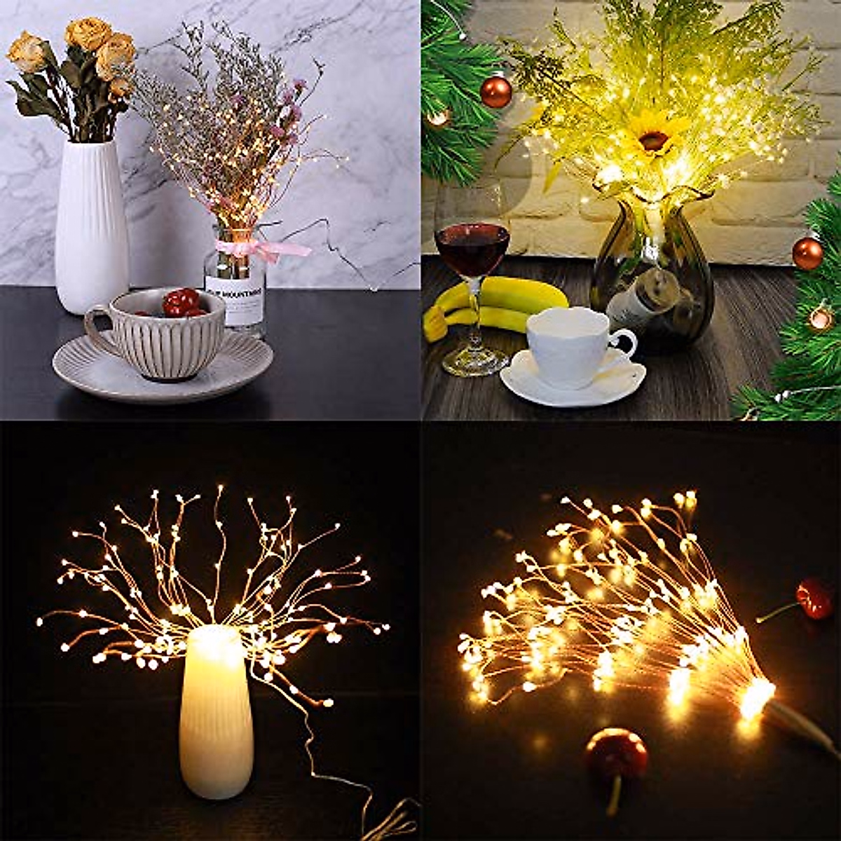 2 Pack Starburst Sphere Lights,200 Led Firework Lights, 8 Modes Dimmable Remote Control Waterproof Hanging Fairy Light, Copper Wire Lights for Patio Parties Christmas (2 Pack Battery Operated)