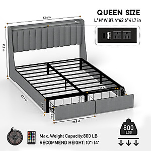 Anyhave Queen Bed Frame with 2 Storage Drawers and Luxury Wingback Upholstered Button Tufted Storage Headboard,Charging Station,Storage Headboard & LED Lights,Remote Control/Noise-Free-Dark Gray