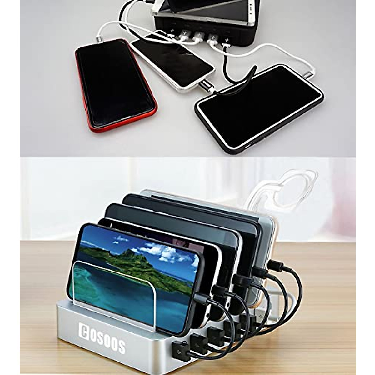 USB Charging Station for iPhone 14,COSOOS Charger Station with 5 lPhone Cable,1 Type-C,1 Micro Cable,6-Port Charging Station for Multiple Devices(Silver White)