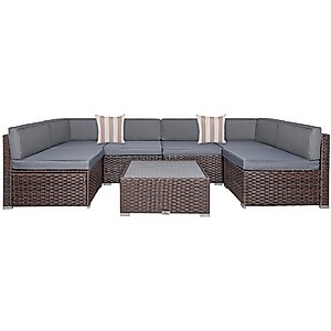 7 Piece Outdoor Patio Furniture Sets with Cushions, Outdoor PE Rattan Wicker Sectional Conversation Patio Couch Sofa Set with Coffee Table, for Garden, Deck, Poolside, Gray