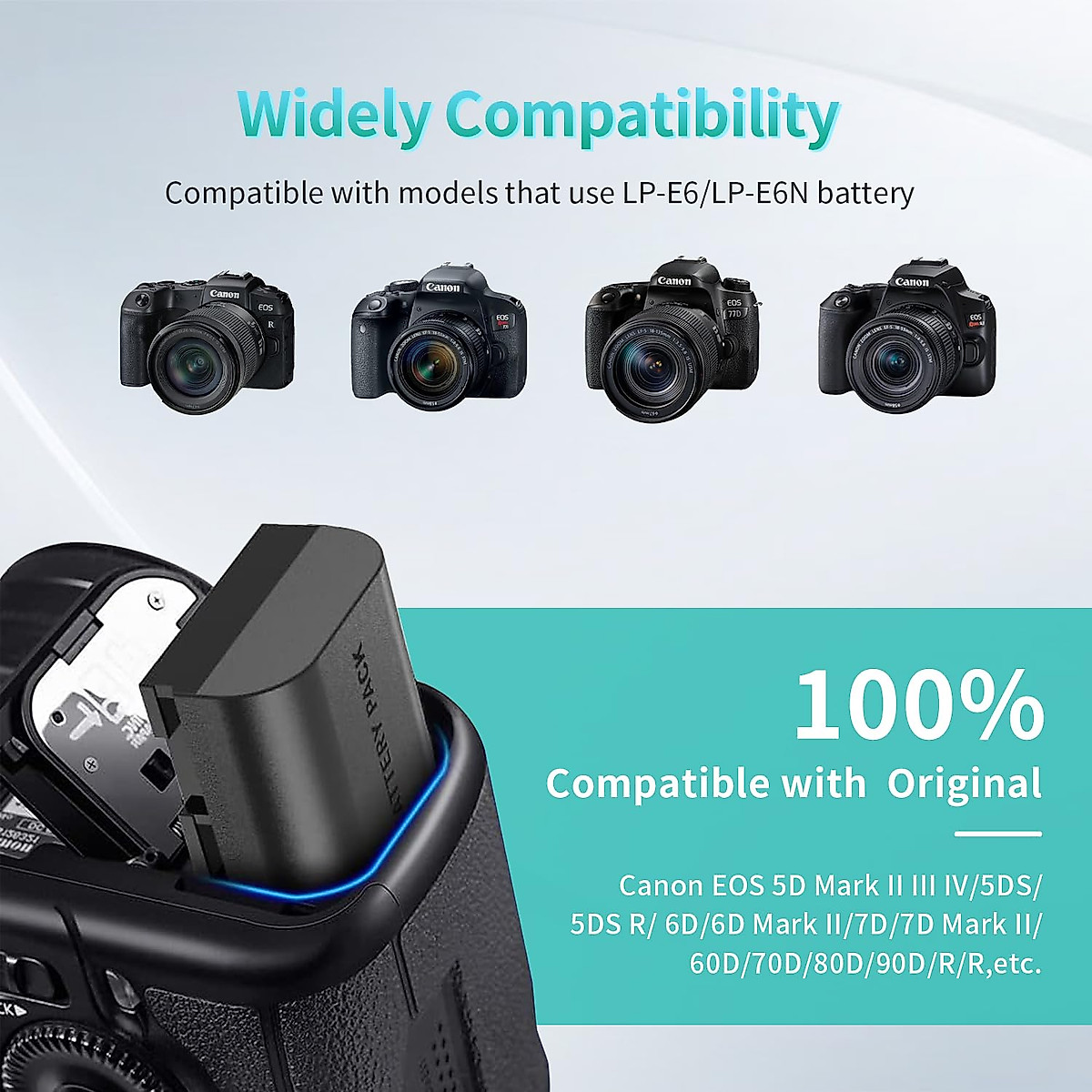 LP LP-E6, LP-E6N Battery 2-Pack, Rechargeable 2600mAh Large Capacity Replacement Batteries for Canon EOS 5D Mark II III IV, 5DS, 5DS R, 6D, 6D Mark II, 7D, 7D Mark II, 60D, 70D, 80D, 90D