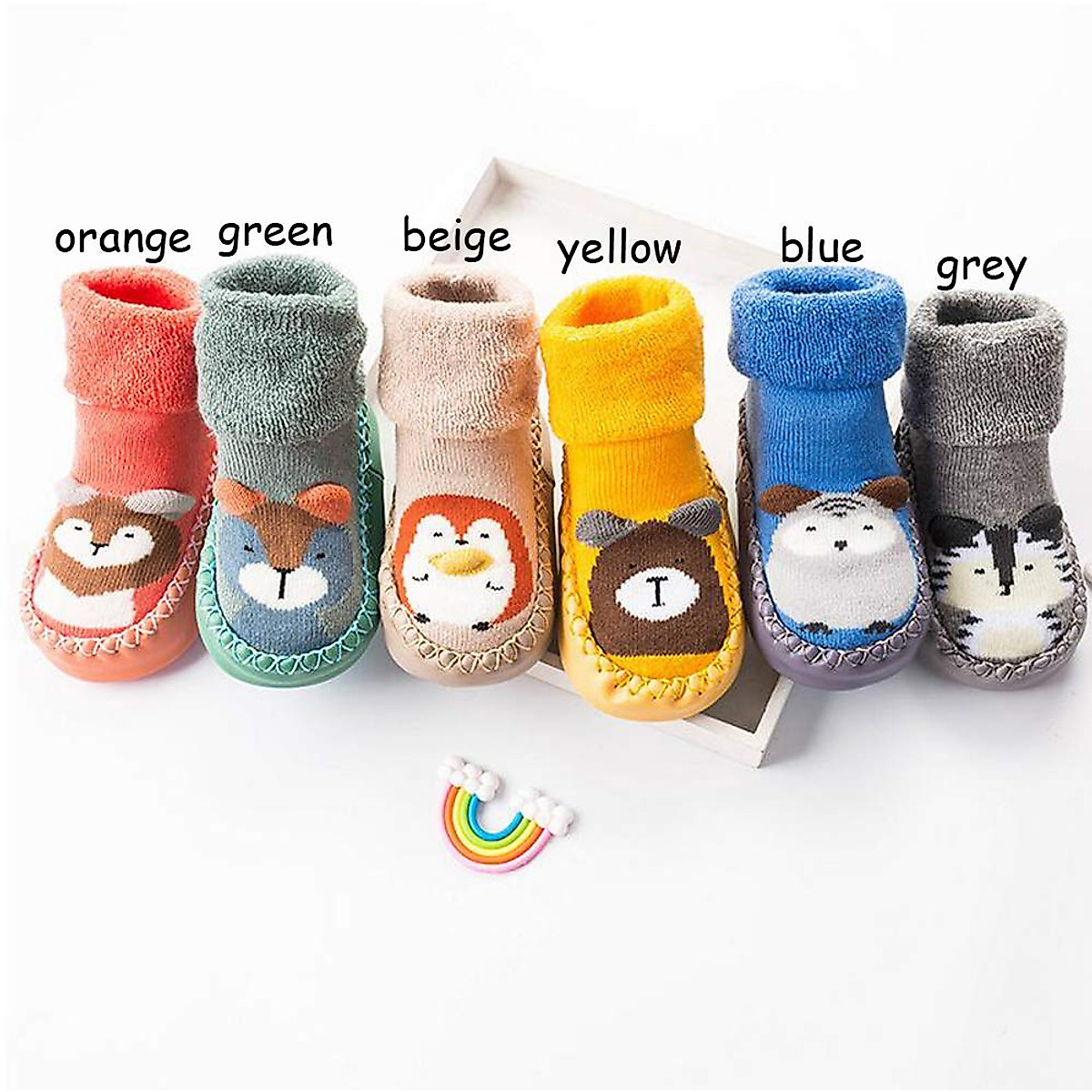 Infant Baby Boy Girls Toddlers Moccasins Non-Skid Indoor Slipper Shoes Socks Booties with Grips (12-18 Months, Grey Blue Green)